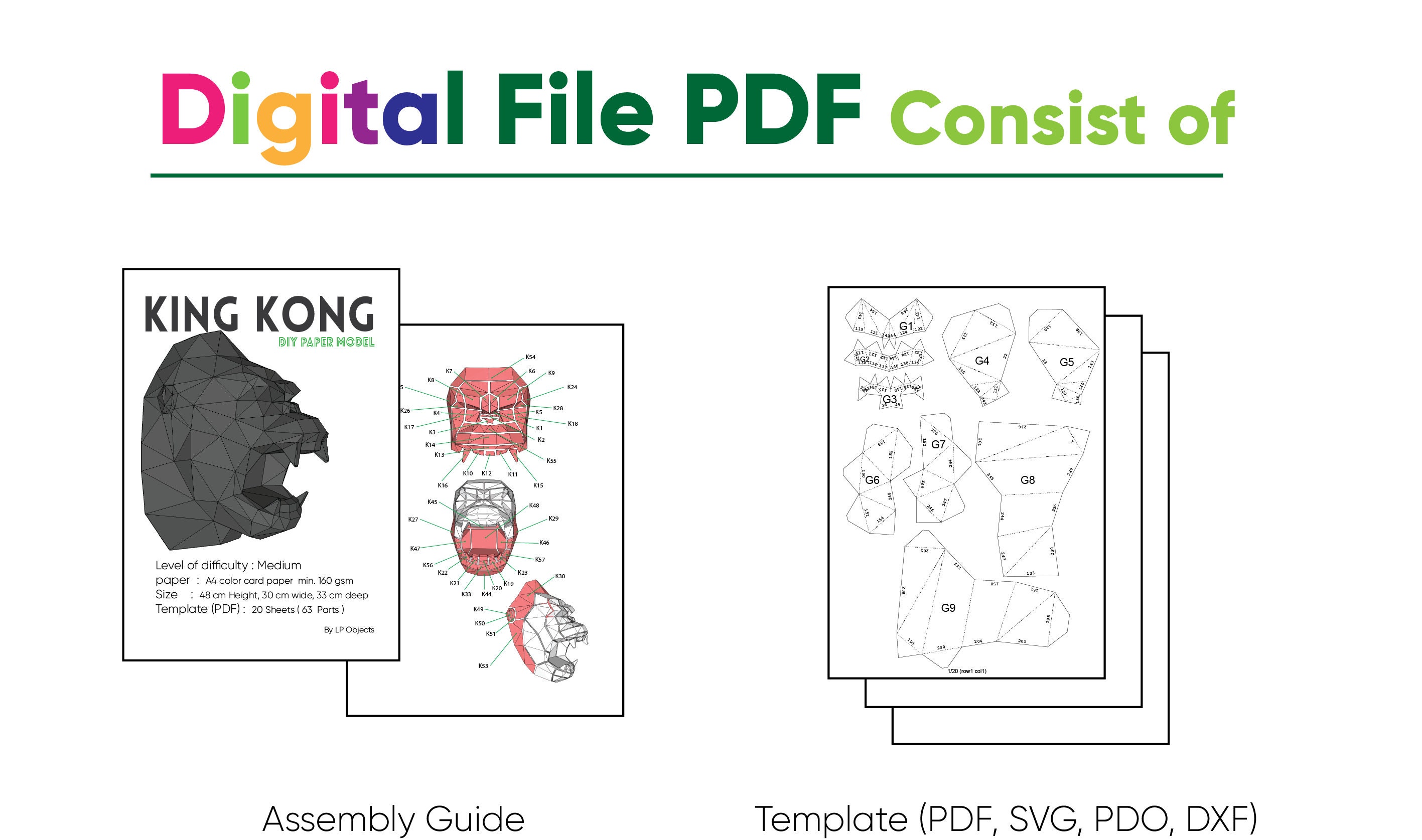 King Kong Head Paper Craft, Digital Template, Origami, PDF Download DIY ...