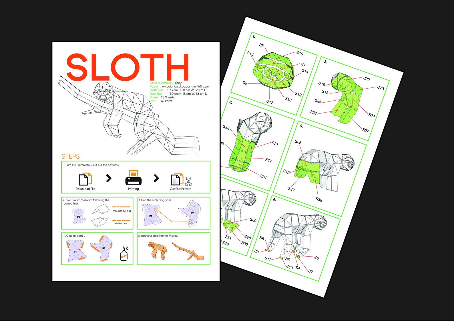 Sloth Digital Template, Sloth PDF Paper Craft, Sloth Origami, Sloth ...