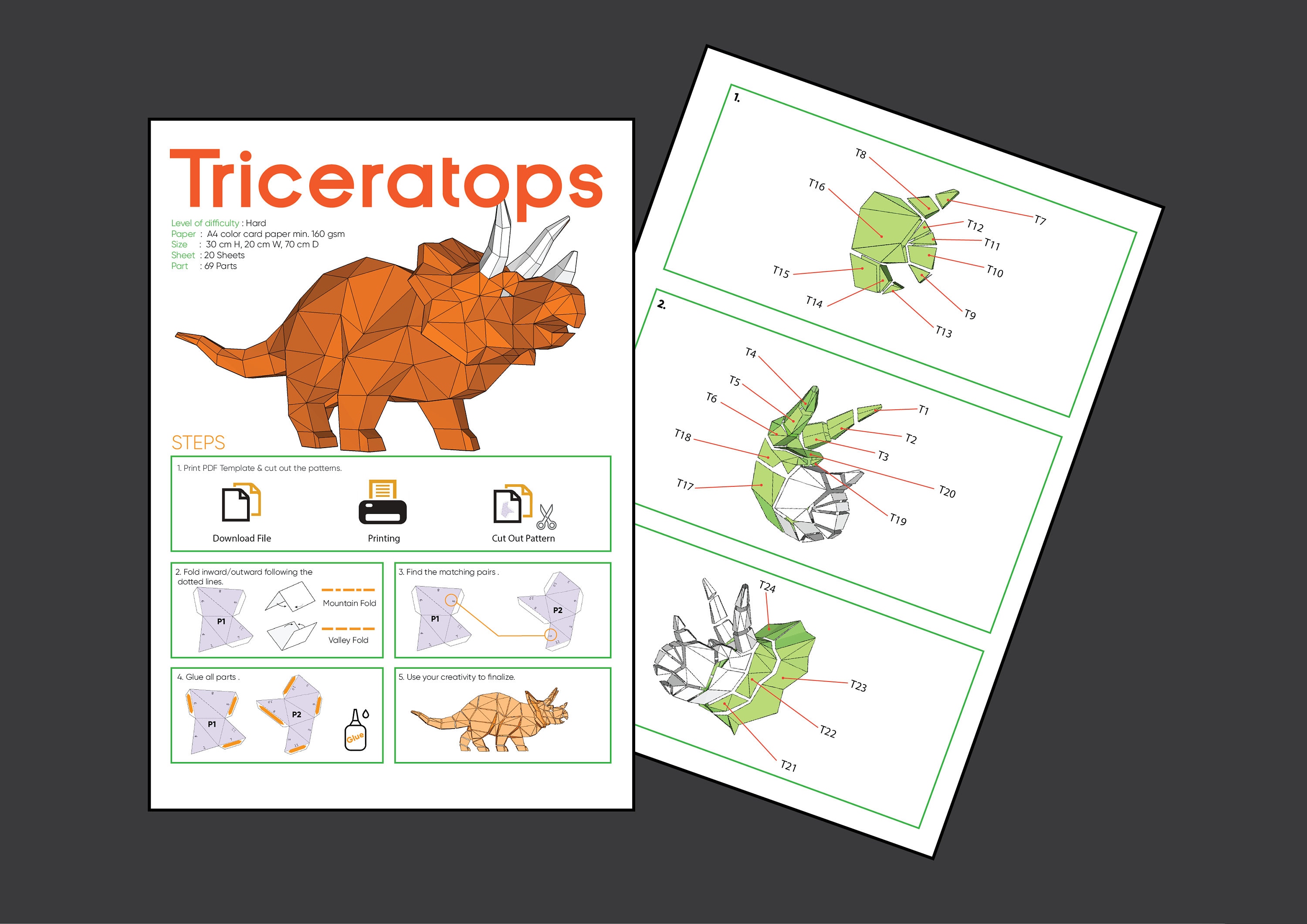 Triceratops Dinosaur Digital Template PDF Paper Craft - Etsy