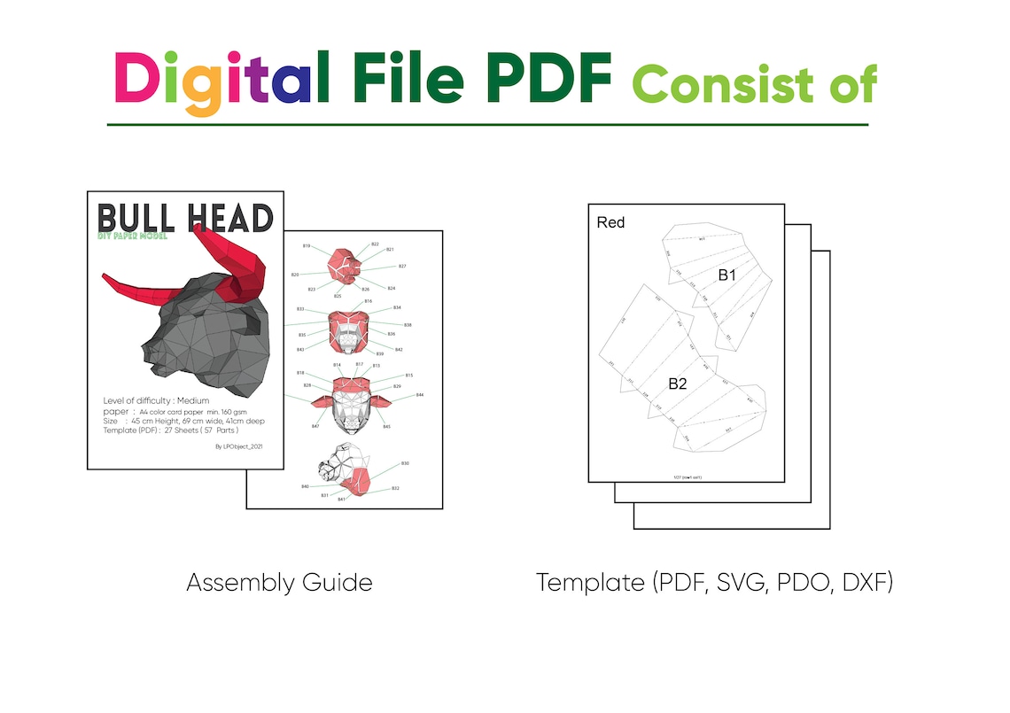Bull Head Wall Paper Craft Digital Template Origami PDF - Etsy