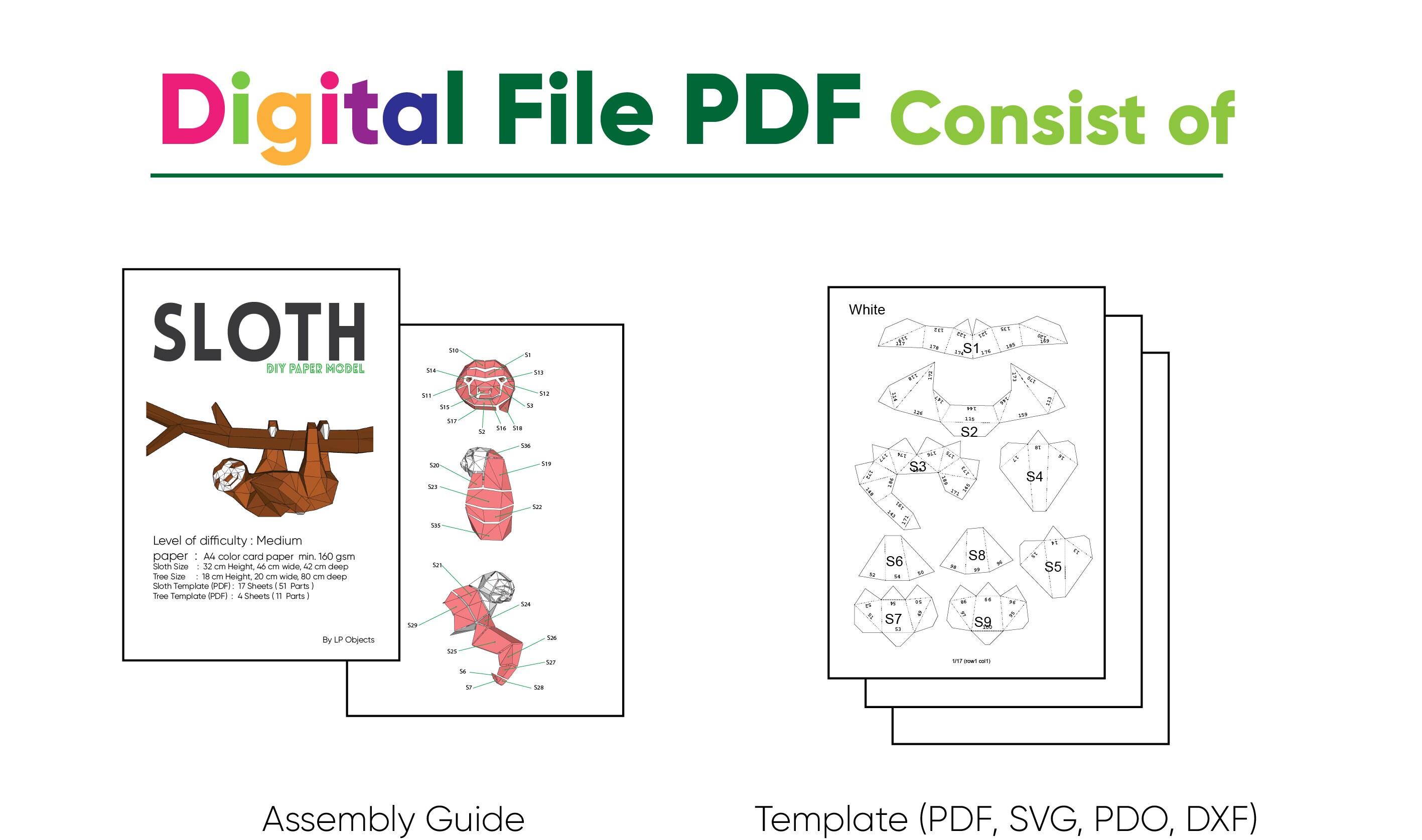 Sloth Model, Sloth Paper Craft, Sloth Digital Template, Sloth Low Poly ...