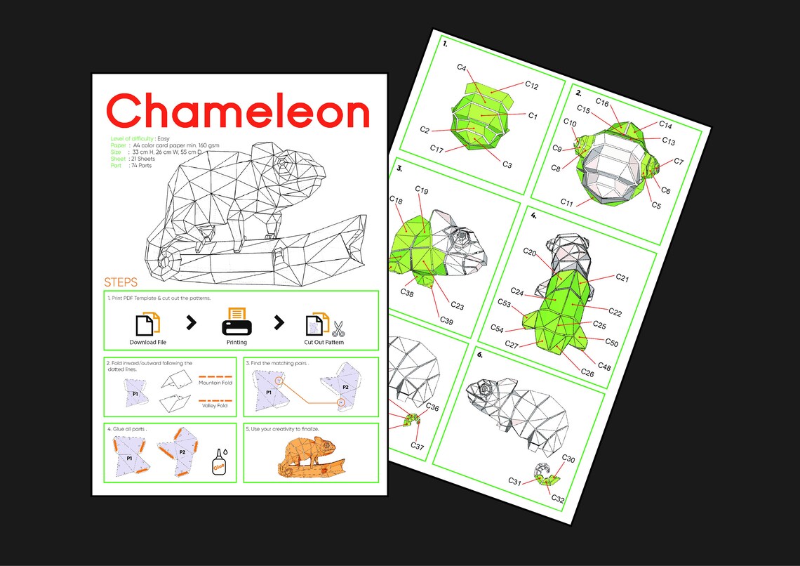 Chameleon Paper Craft, Digital Template, Origami, PDF Download DIY, Low ...