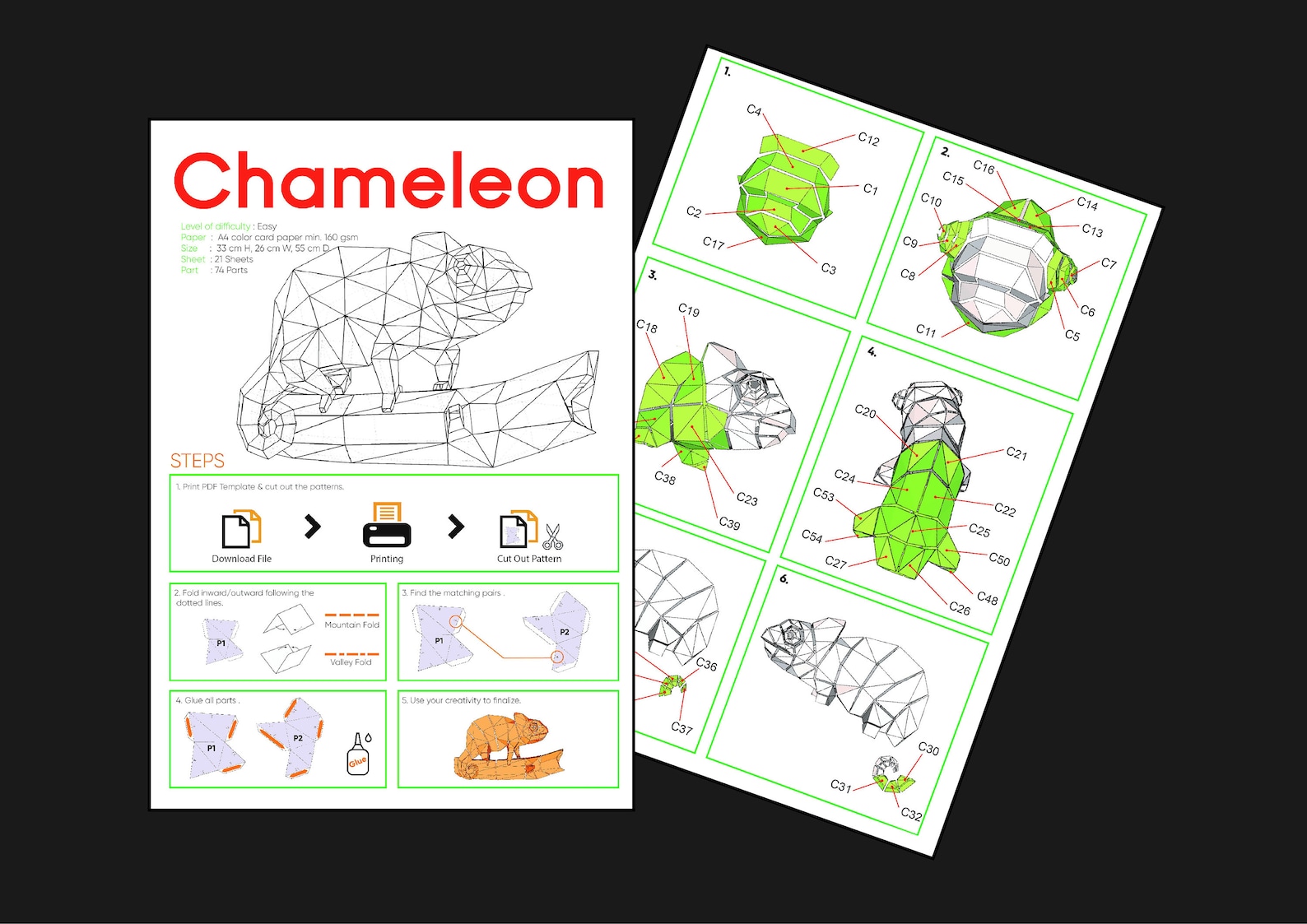Chameleon Paper Craft Digital Template Origami PDF Download - Etsy