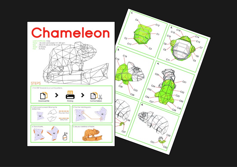 Chameleon Paper Craft, Digital Template, Origami, PDF Download DIY, Low ...