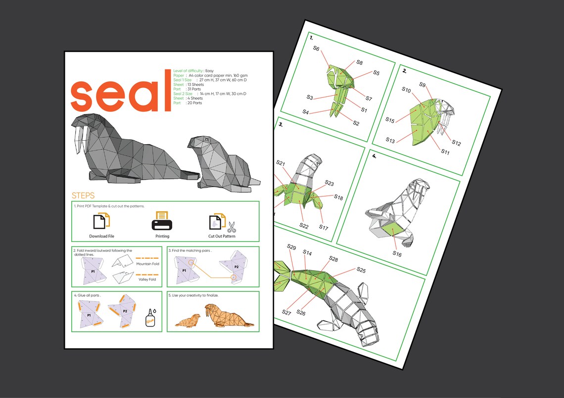 Seal Digital Template, PDF Paper Craft, Seal Origami, Seal Model - Etsy