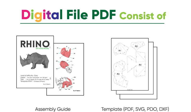 Rhino Paper Craft, Digital Template, Origami, PDF Download DIY, Low ...