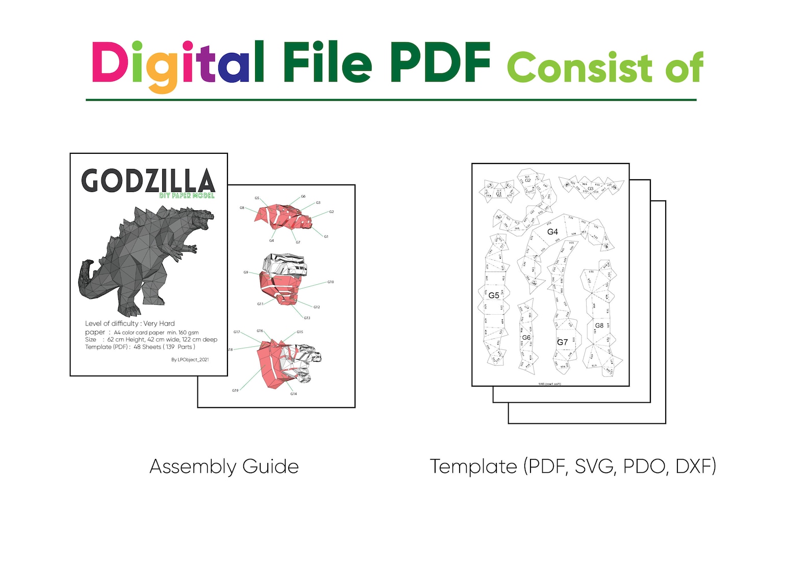 Godzilla Paper Craft, Digital Template, Origami, PDF Download DIY, Low ...