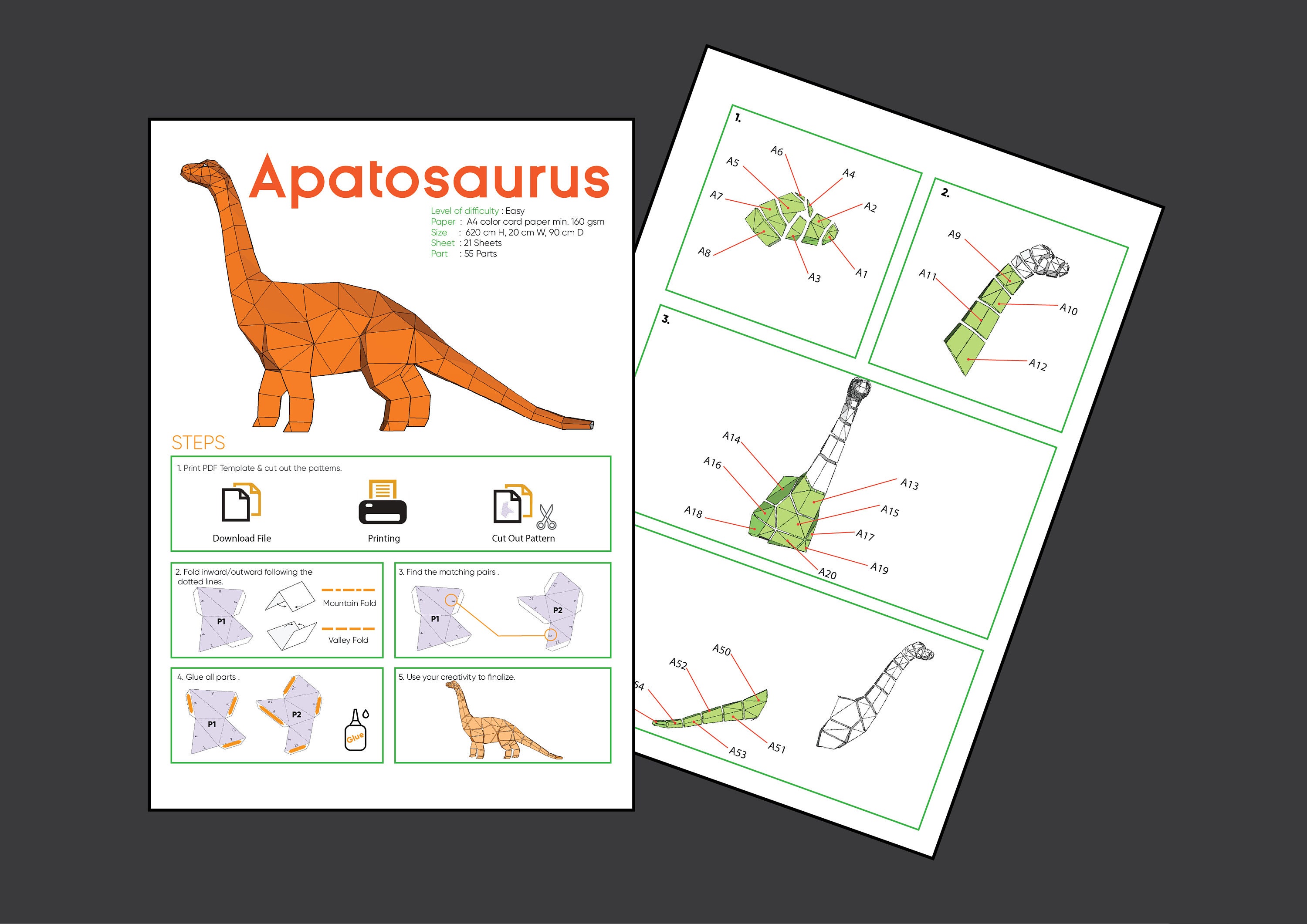 Apatosaurus Dinosaur Digital Template PDF Paper Craft | Etsy