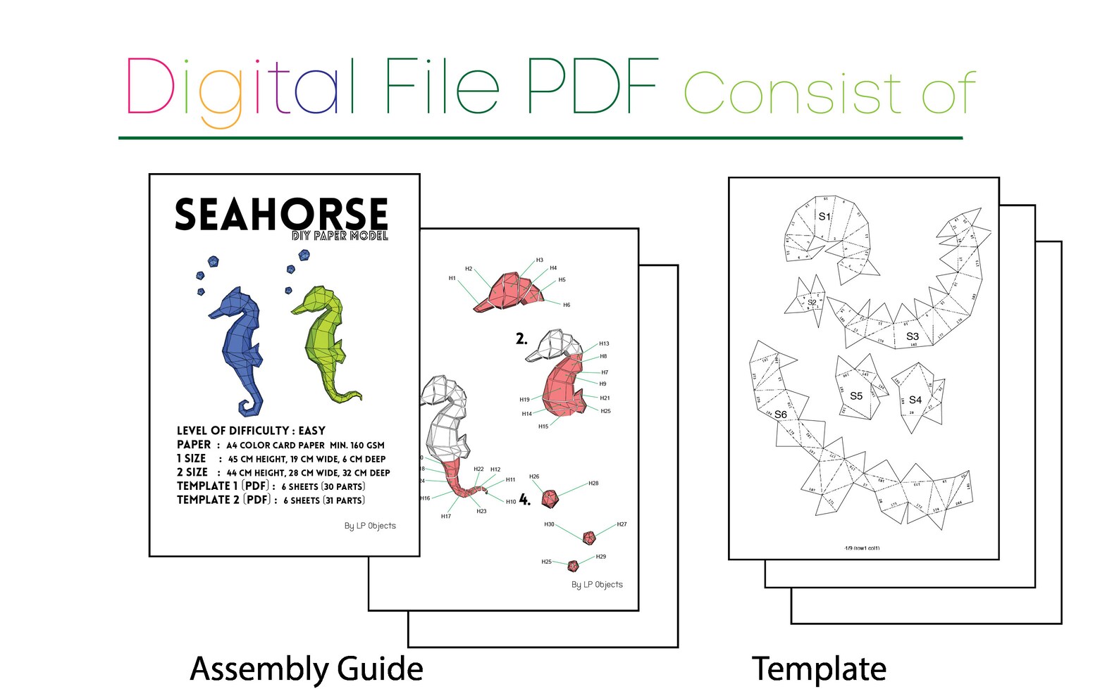 Seahorse Wall Paper Craft, Digital Template, Origami, PDF Download DIY ...