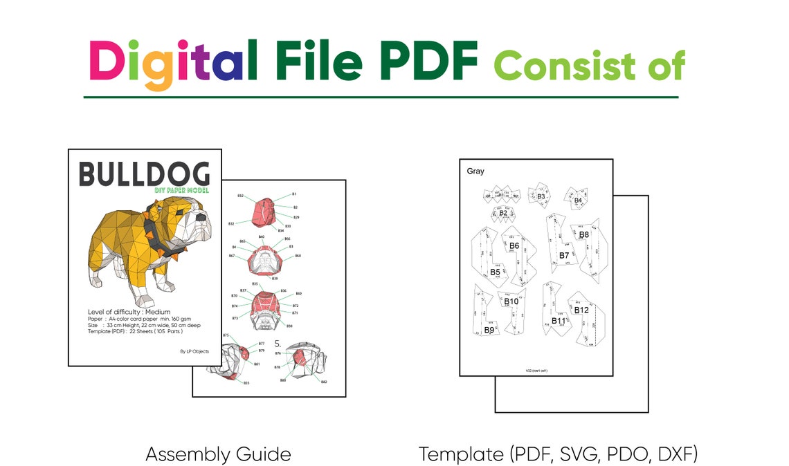 Bulldog Paper Craft, Digital Template, Origami, PDF Download DIY, Low ...