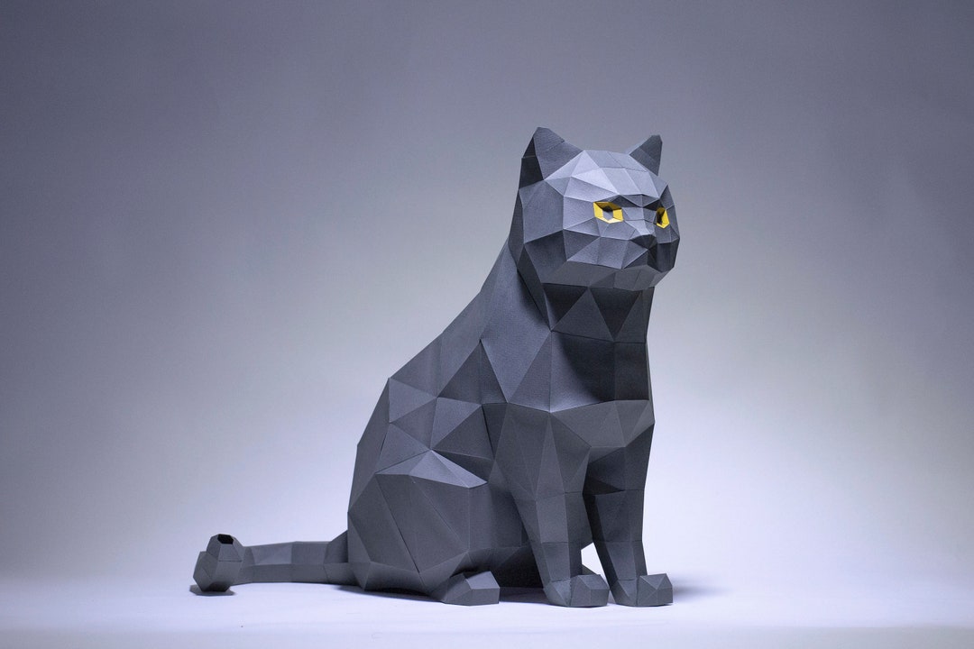 Gray Cat Paper Craft, 3D Paper Craft Cat, DIY Sculpture Sitting Cat ...