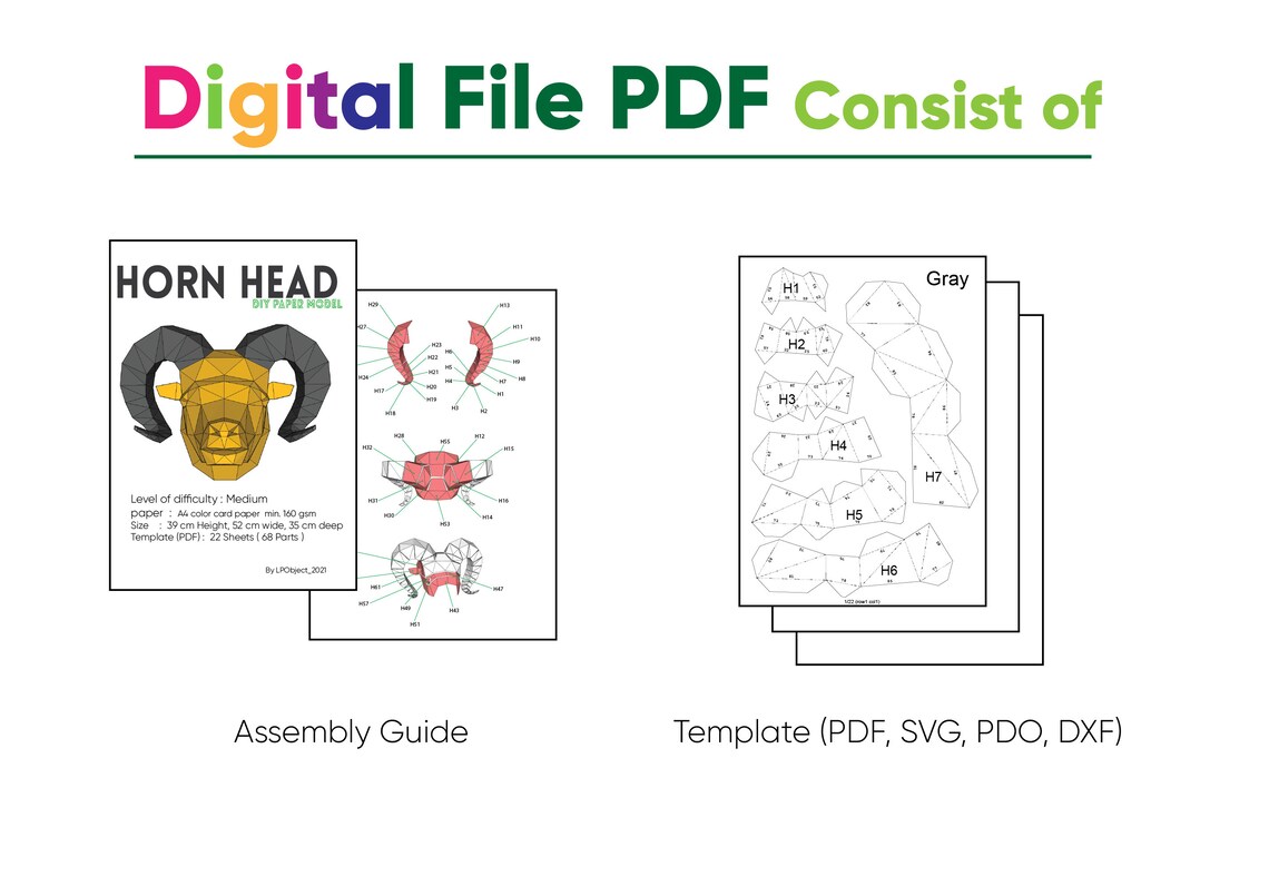 Horn Head Wall Paper Craft Digital Template Origami PDF - Etsy