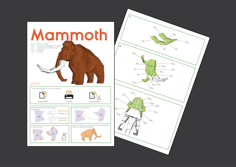 Mammoth Paper Craft, Digital Template, Origami, PDF Download DIY, Low ...