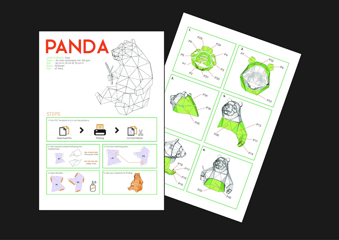 Panda Digital Template Panda PDF Paper Craft Panda Origami | Etsy