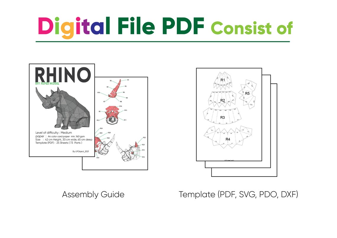 Rhino Sit, Rhinoceros Paper Craft, Digital Template, Origami, PDF ...