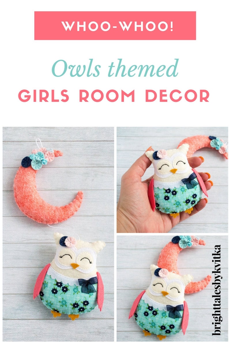 Owl nursery garland Coral navy girl room Baby gift fairytale | Etsy