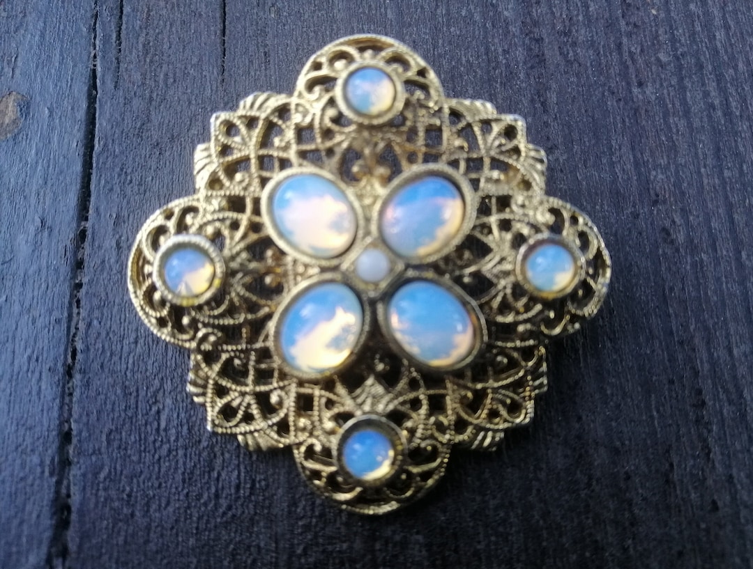 Beautiful Vintage Czech Brooch Filigree Faux Moon Stones Boho Brass ...