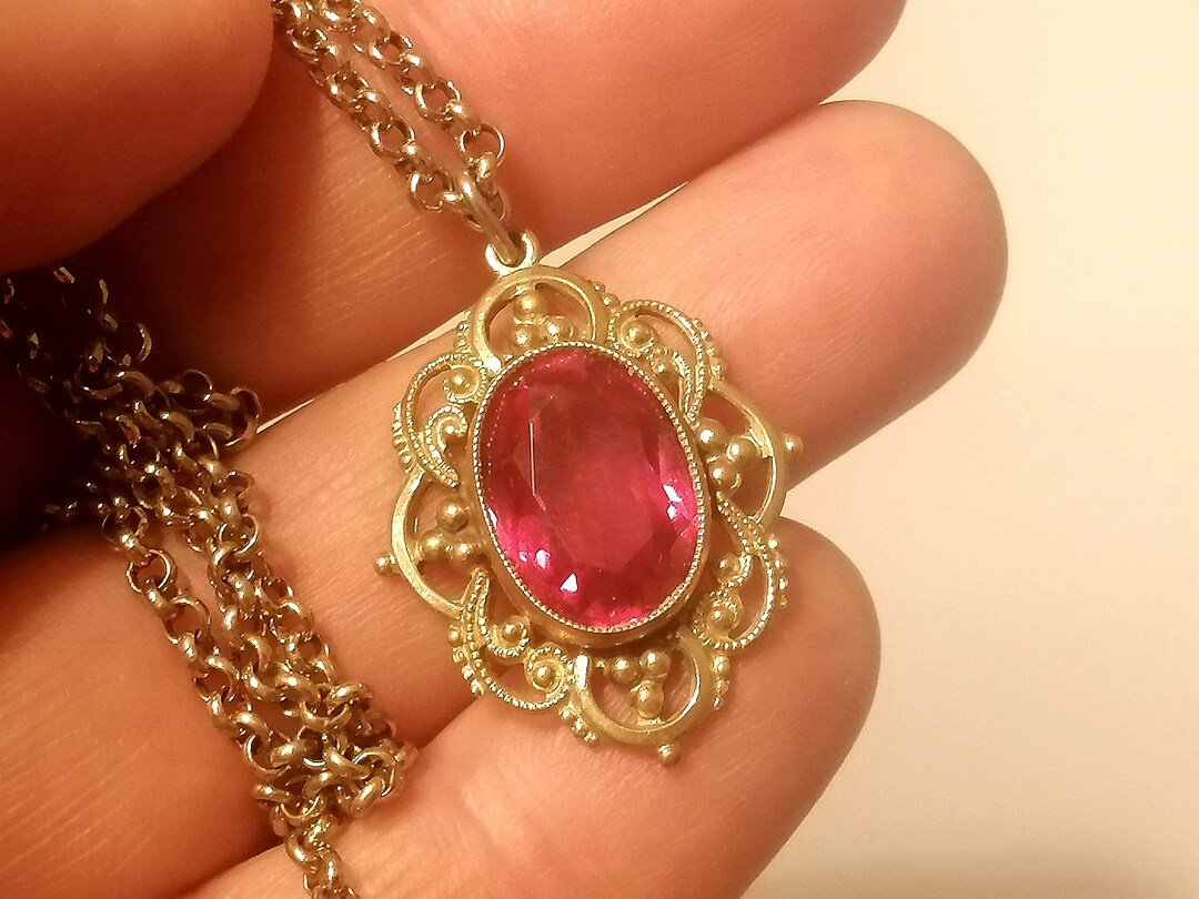 Unique Old Necklace Pendant Art Deco Europe Golden Plated With Pink ...