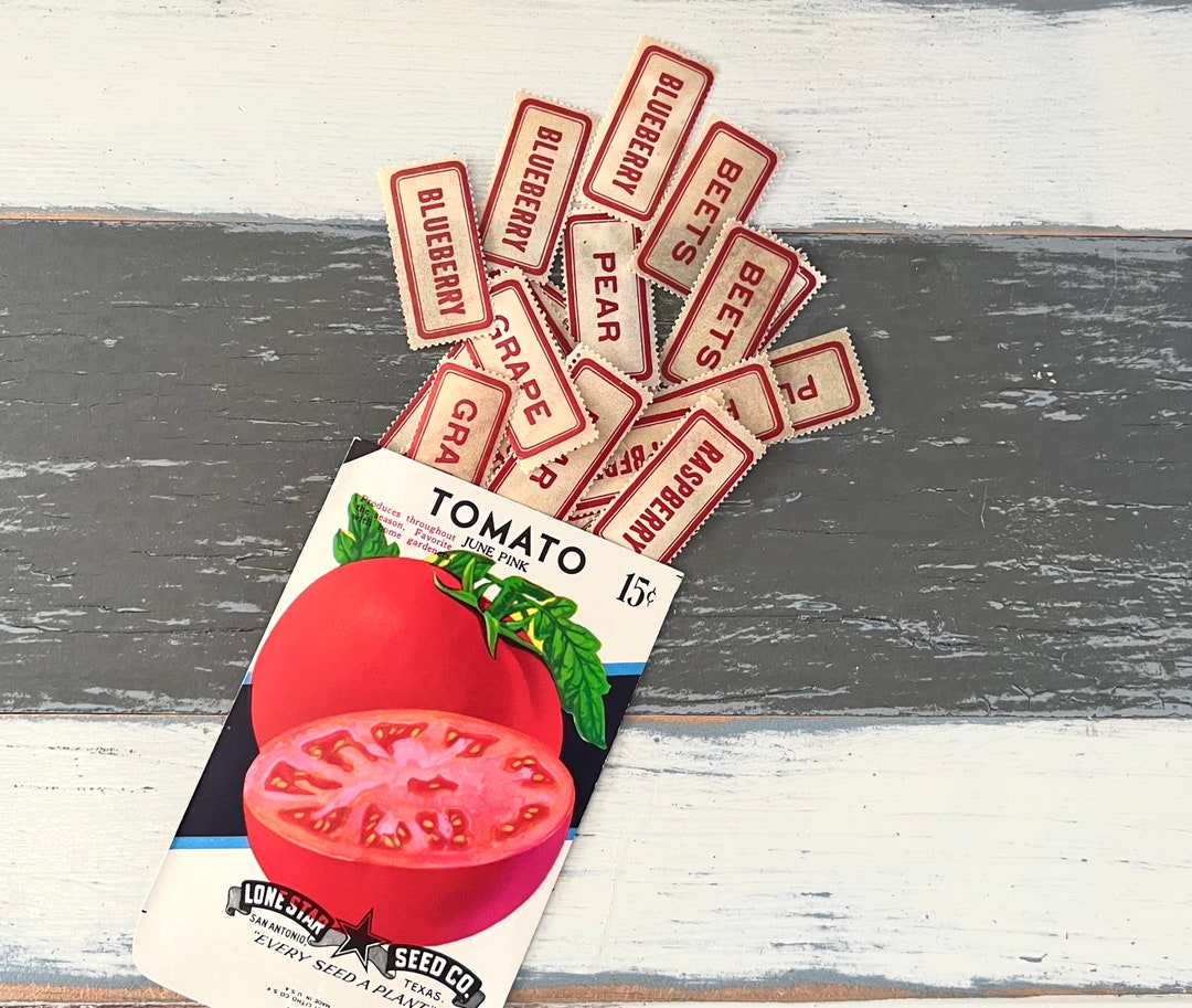 Vintage Red Gummed Jar Label Assortment and Vintage Seed Packet Marking ...