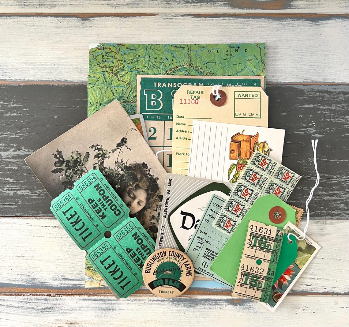 Green Vintage Ephemera Paper Pack: Tickets, Labels, Stamps, Papers - Etsy