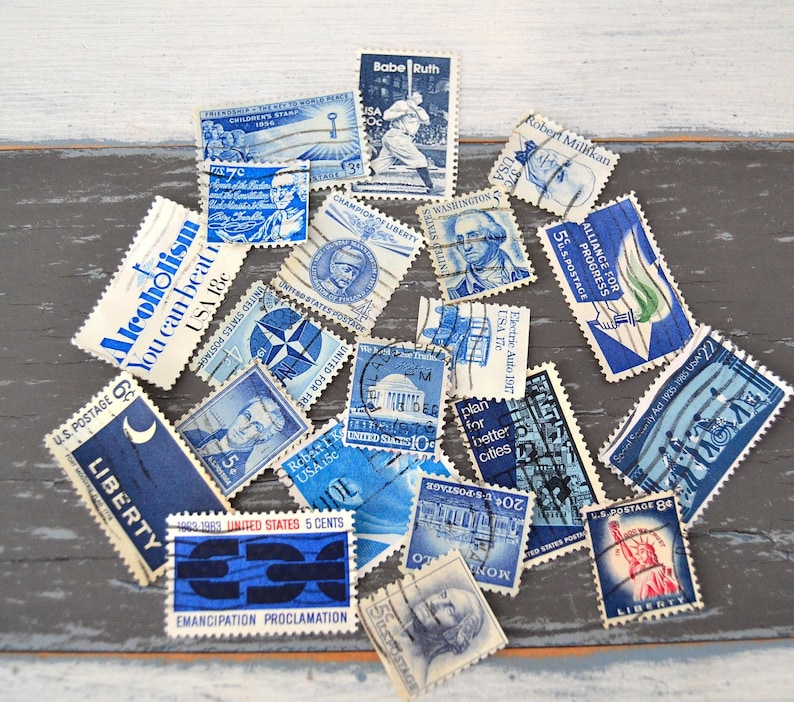 Vintage US Cancelled Postage Stamps / Blue Used Stamps / Postal ...