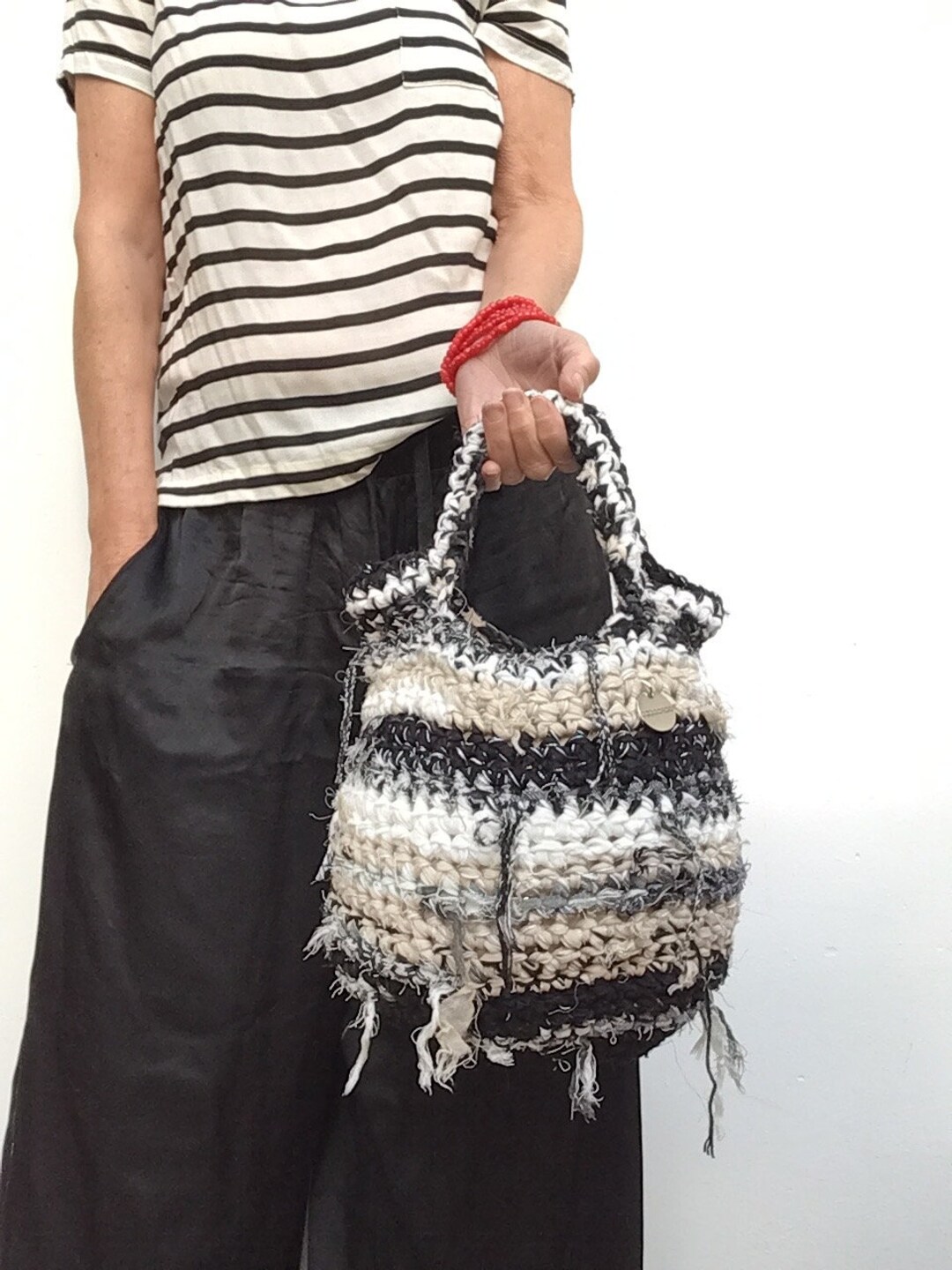 XS Handmade Crocheted Ladies Bag Made From Strips of Recycled Fabric ...