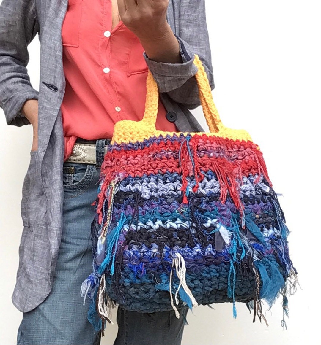 Crocheted Handbag Made of Recycled Strips of Fabric and Breton. Crocket ...