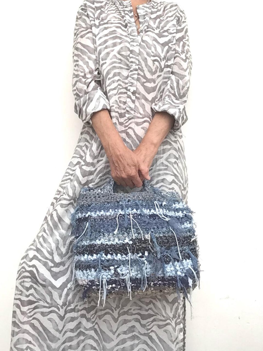 Handmade Tote Bag From Recycled Strips of Fabric and Knitted Cotton ...