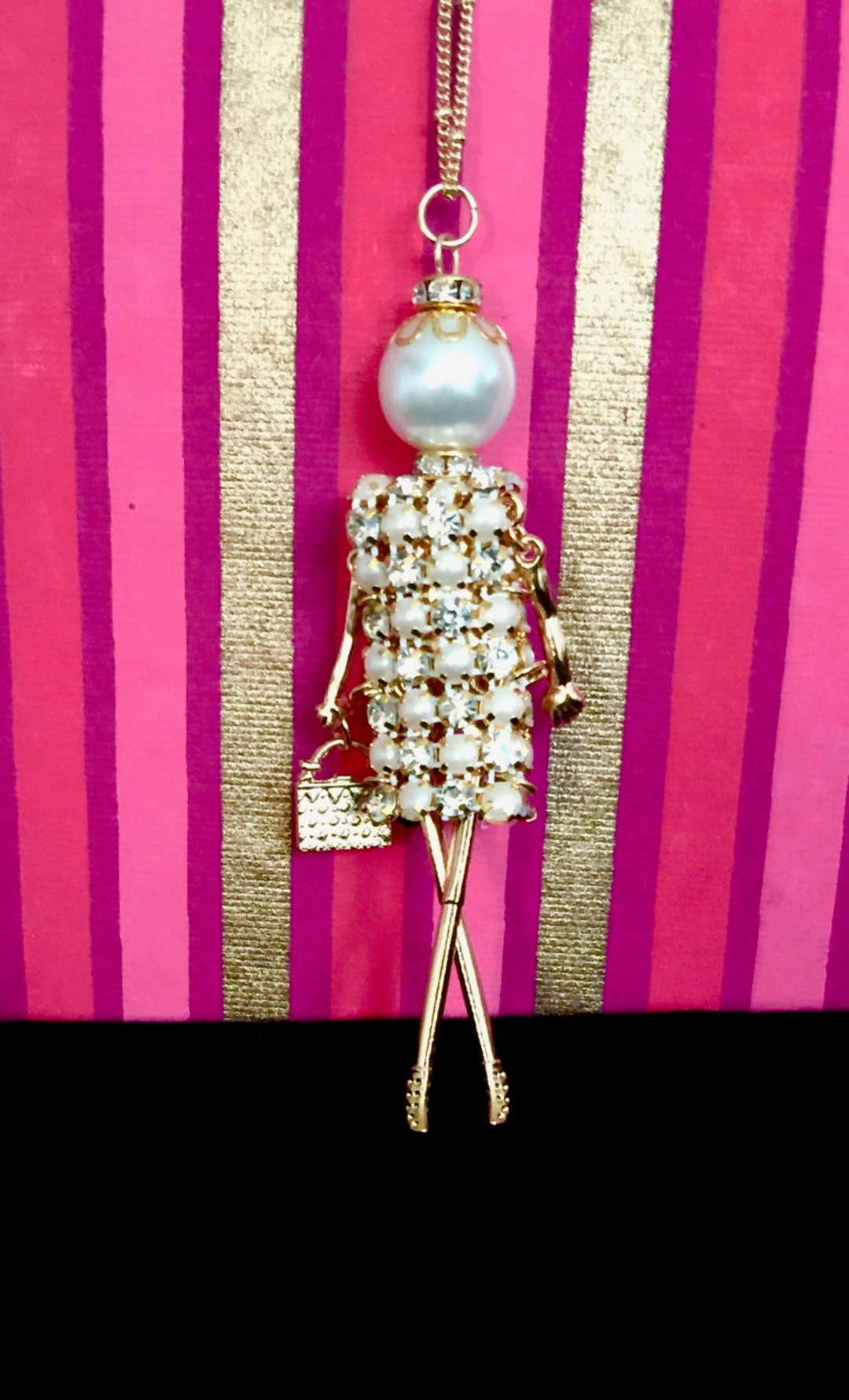 French Doll Pendant, Fashion Doll Necklace, Pearl and Rhinestone ...