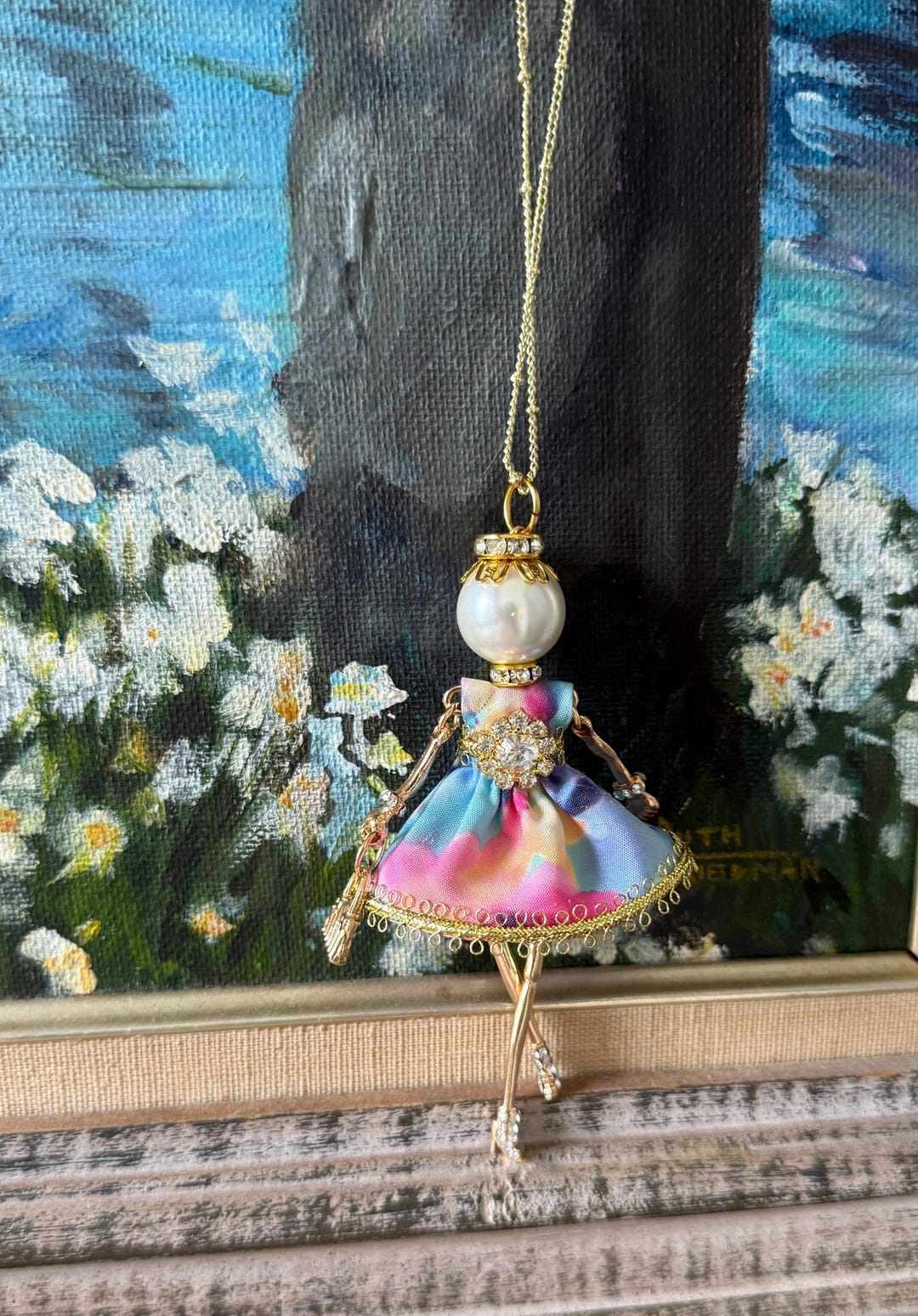 Parisian Doll Necklace, Floral Skirt, Silk Dress, Chunky Pearl Pendant ...