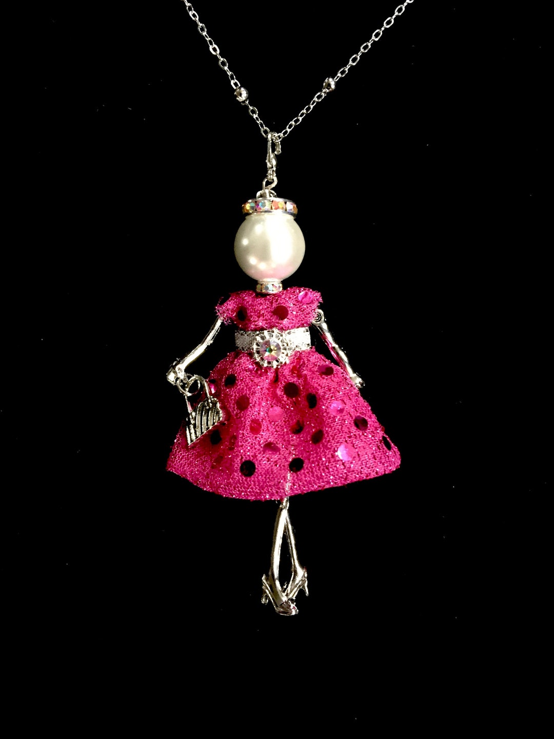 French Doll Pendant, Fashion Doll Necklace, Tiny Doll Necklace, Pink ...