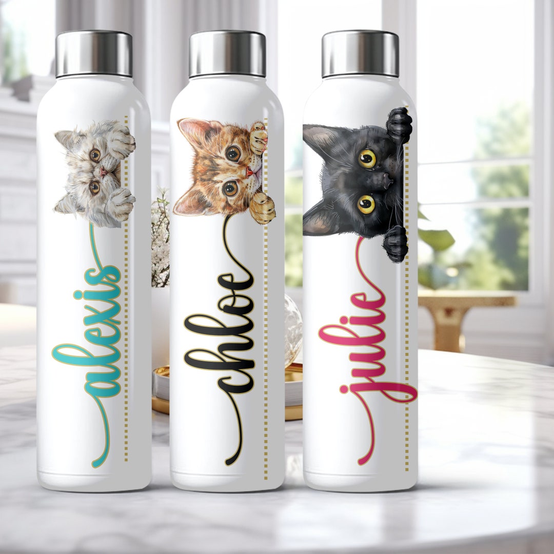 Personalized Stainless Steel Water Bottle, Cat Illustration To-go Bottle, Custom Water Bottle ...