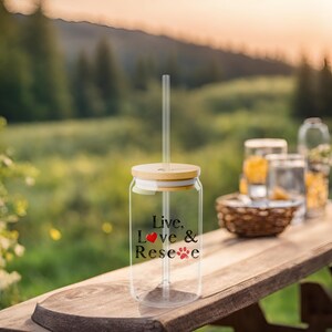 Live, Love & Rescue Glass Tumbler, Glass Tumbler With Lid and Straw, 16 ...