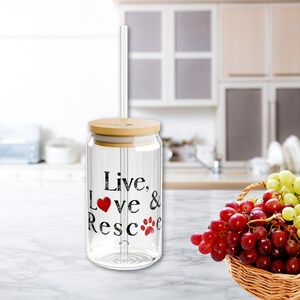 Live, Love & Rescue Glass Tumbler, Glass Tumbler With Lid and Straw, 16 ...