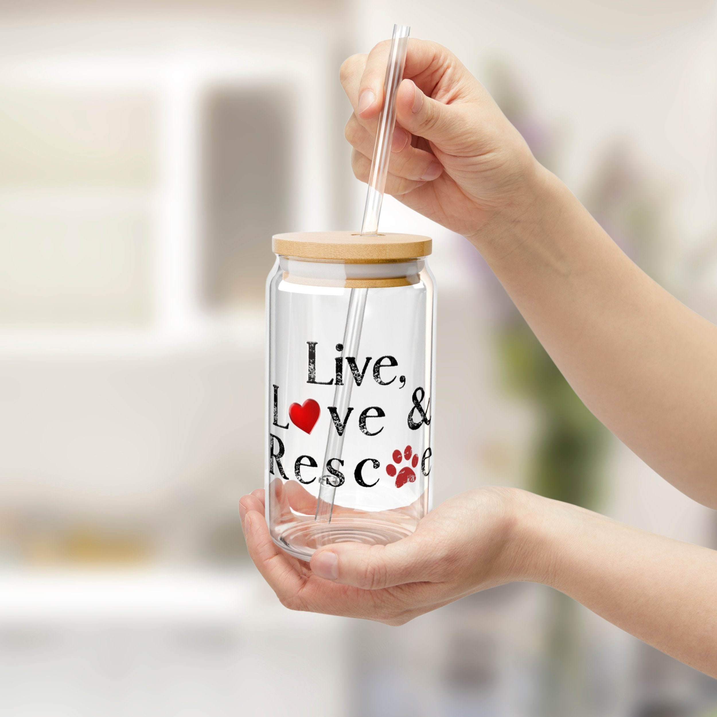 Live, Love & Rescue Glass Tumbler, Glass Tumbler With Lid and Straw, 16 ...