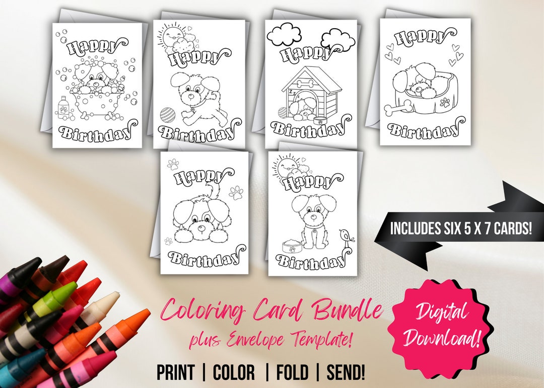 PRINTABLE Happy Birthday Coloring Card Bundle, Puppy Coloring Cards ...