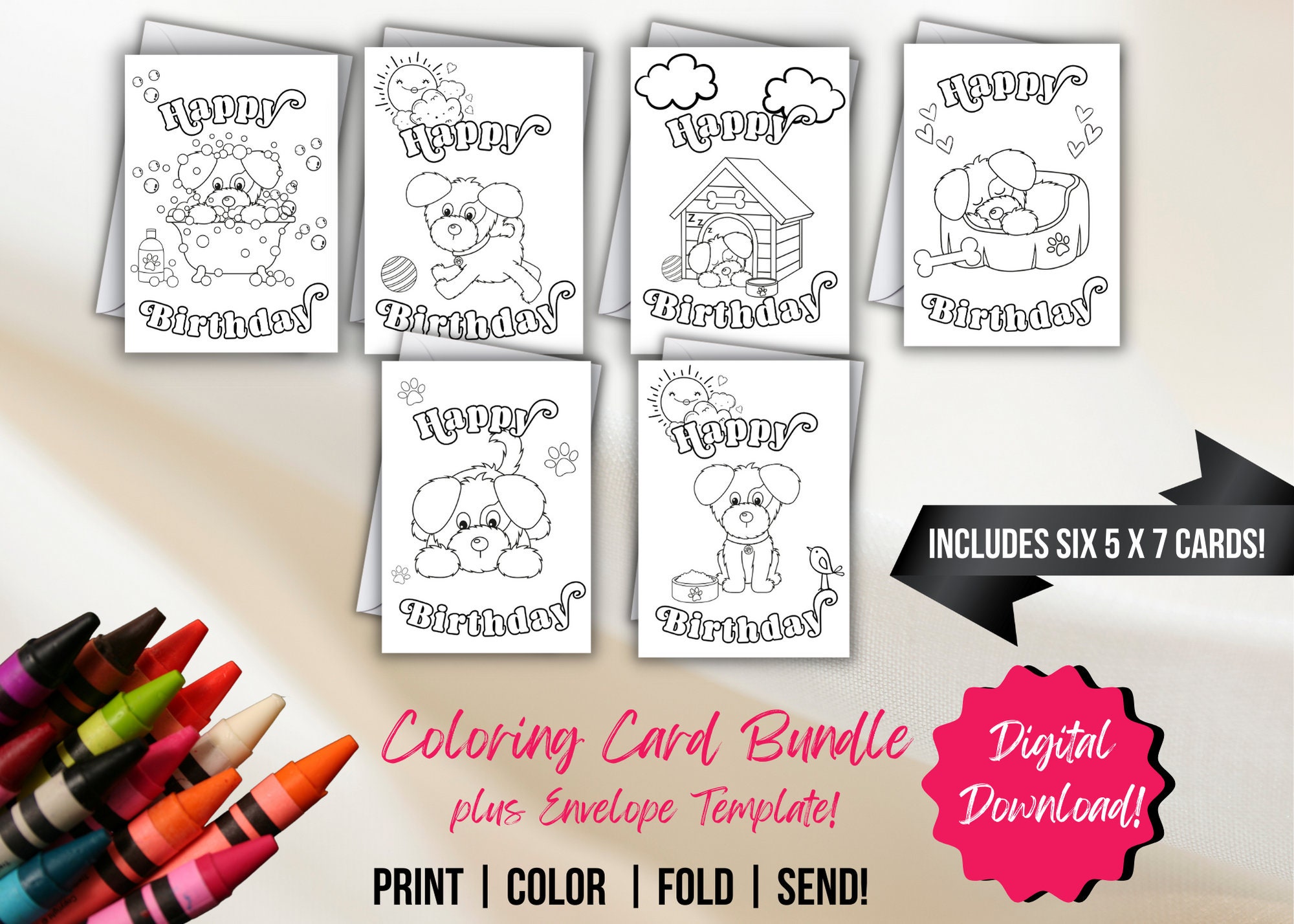 PRINTABLE Happy Birthday Coloring Card Bundle, Puppy Coloring Cards ...