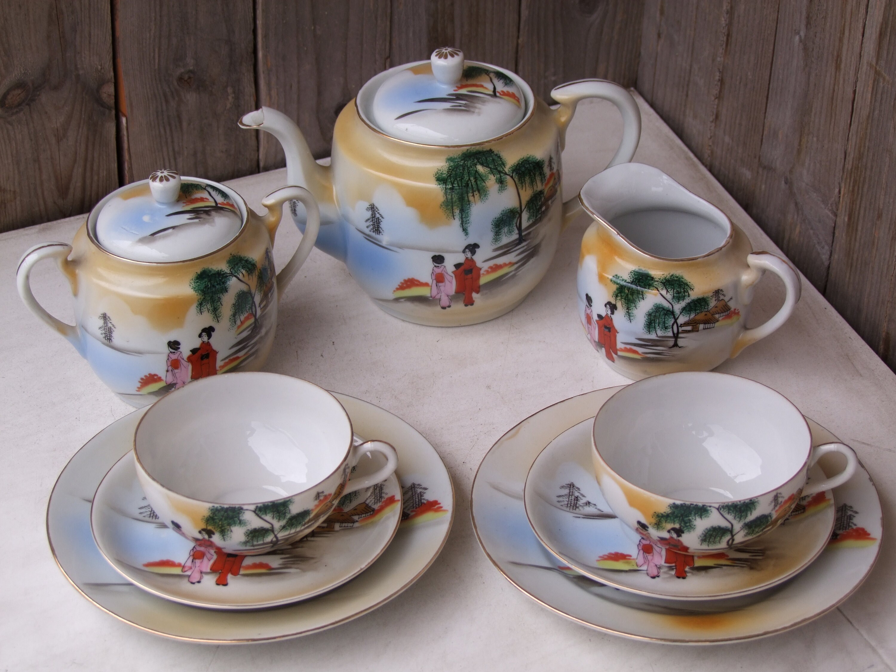 Antique Japanese Kutani Tea Set Full Size Eggshell Porcelain Coffee Set ...
