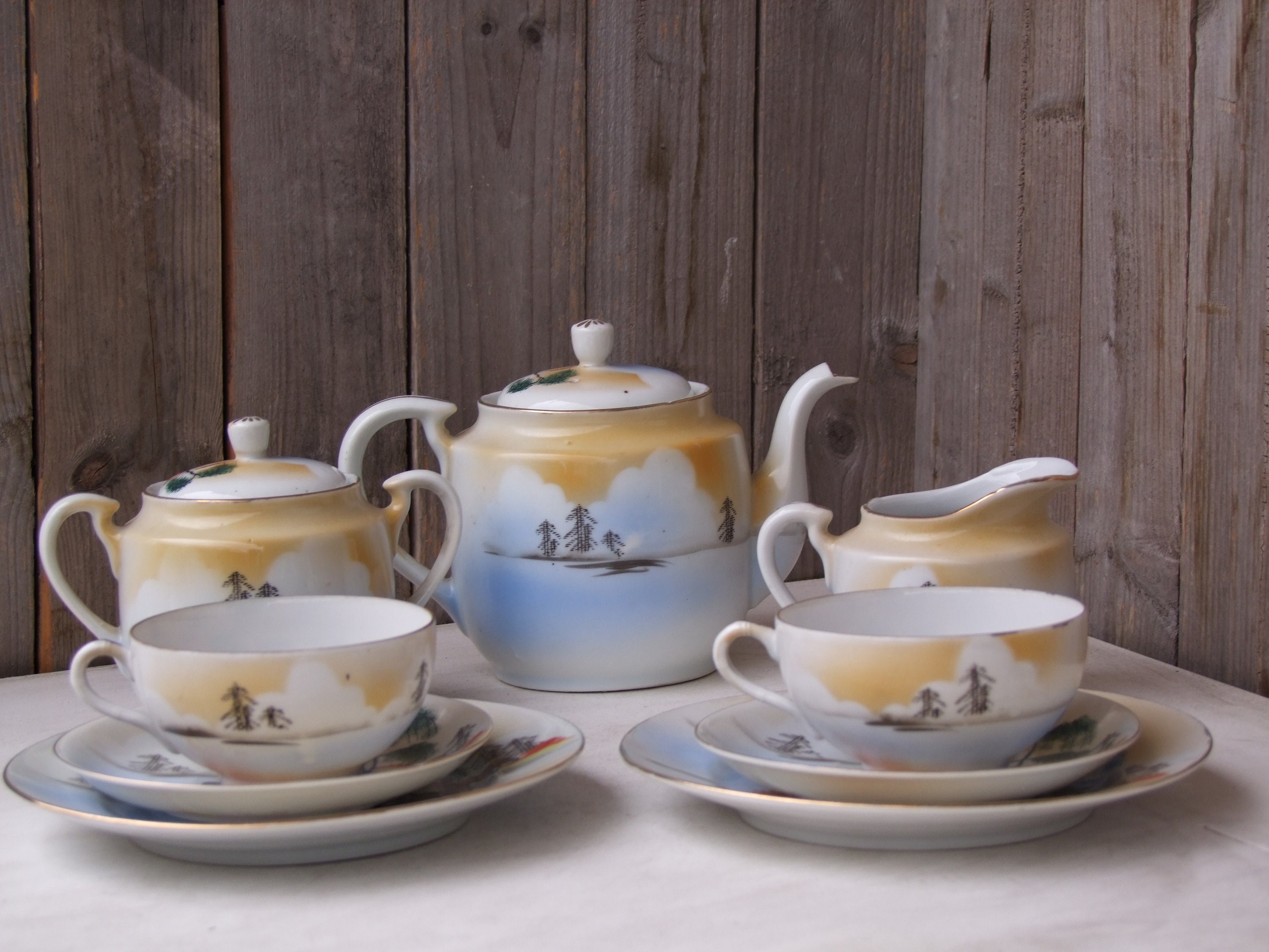 Antique Japanese Kutani Tea Set Full Size Eggshell Porcelain Coffee Set ...