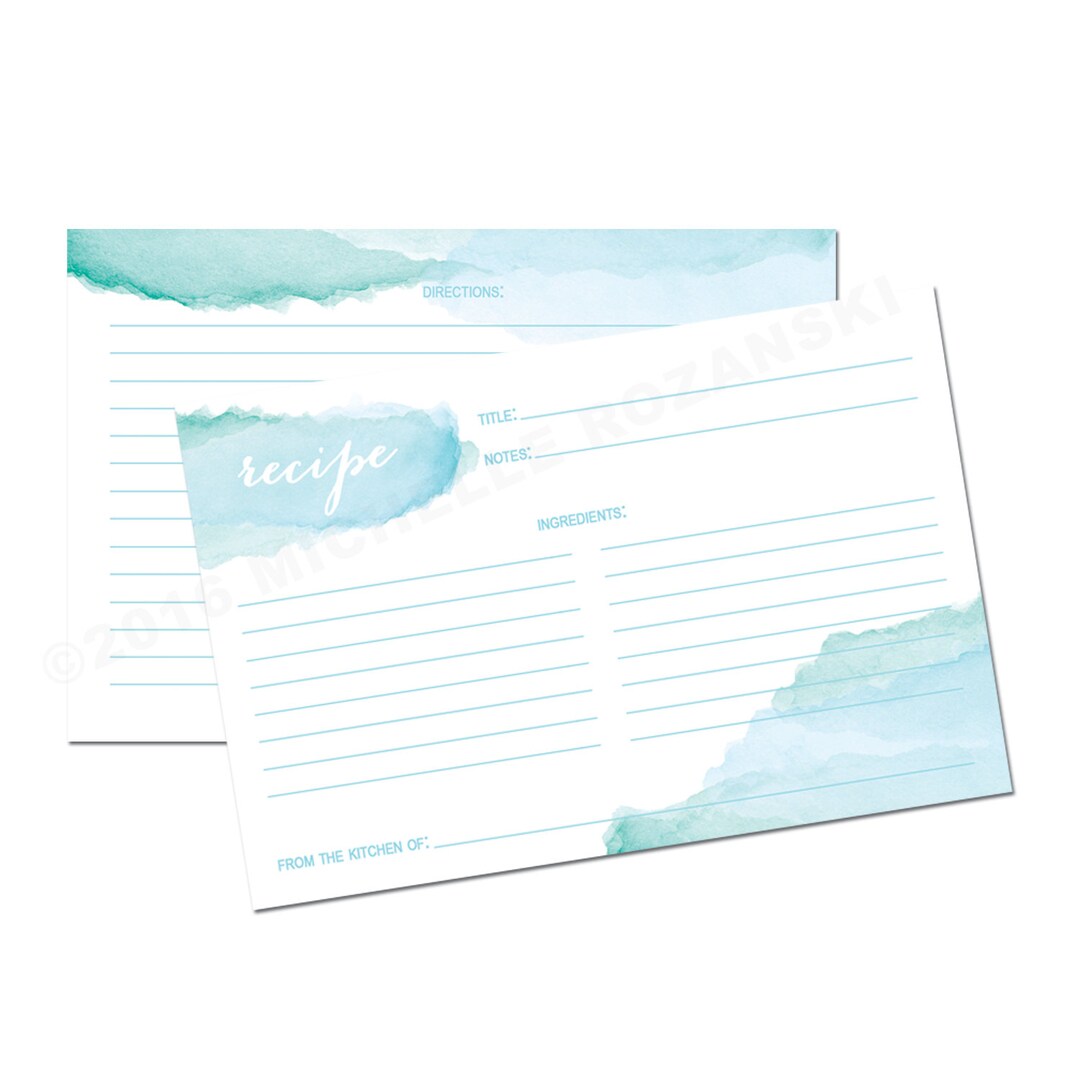 Recipe Card in Watercolor Blue - INSTANT DOWNLOAD - Etsy