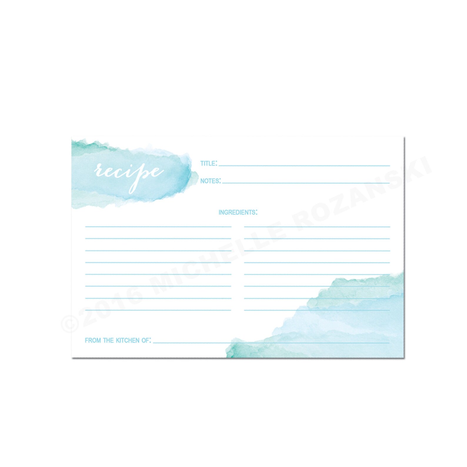 Recipe Card in Watercolor Blue - INSTANT DOWNLOAD - Etsy