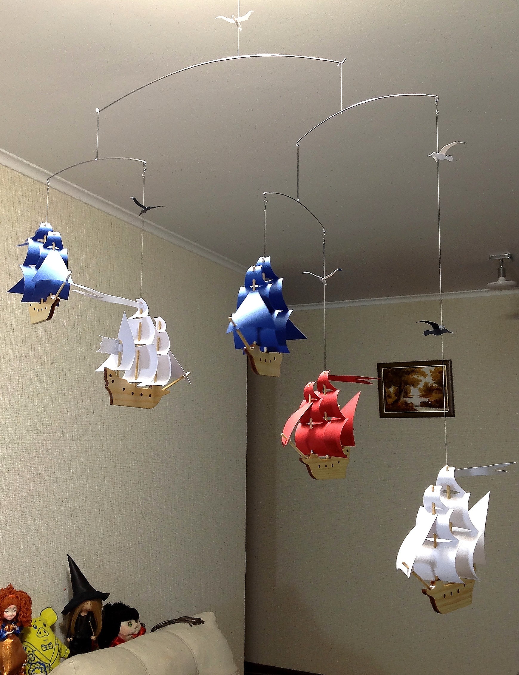 Handmade Wooden Sailboat Mobile. The colors of the sails are | Etsy