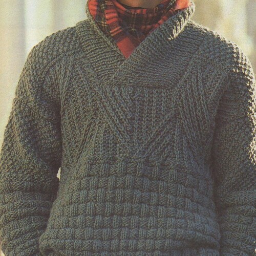 Mens Sweater Knitting Pattern PDF With Shawl Collar Mans 32 - Etsy