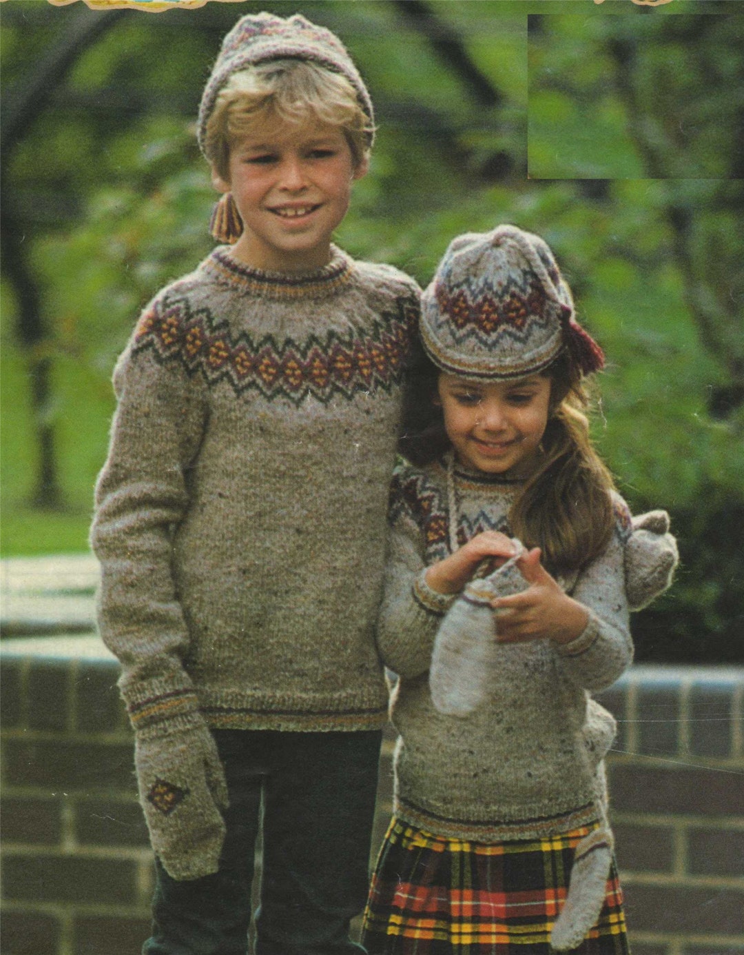 Childrens Fair Isle Yoke Sweater With Hat and Mittens Knitting Pattern ...