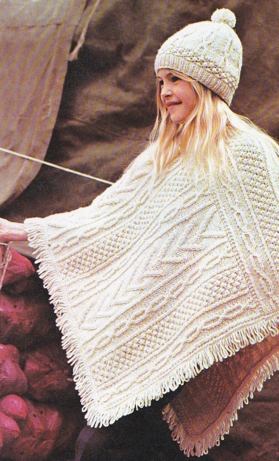 Girls Aran Poncho and Beret Hat Knitting Pattern PDF, Patterned Poncho ...