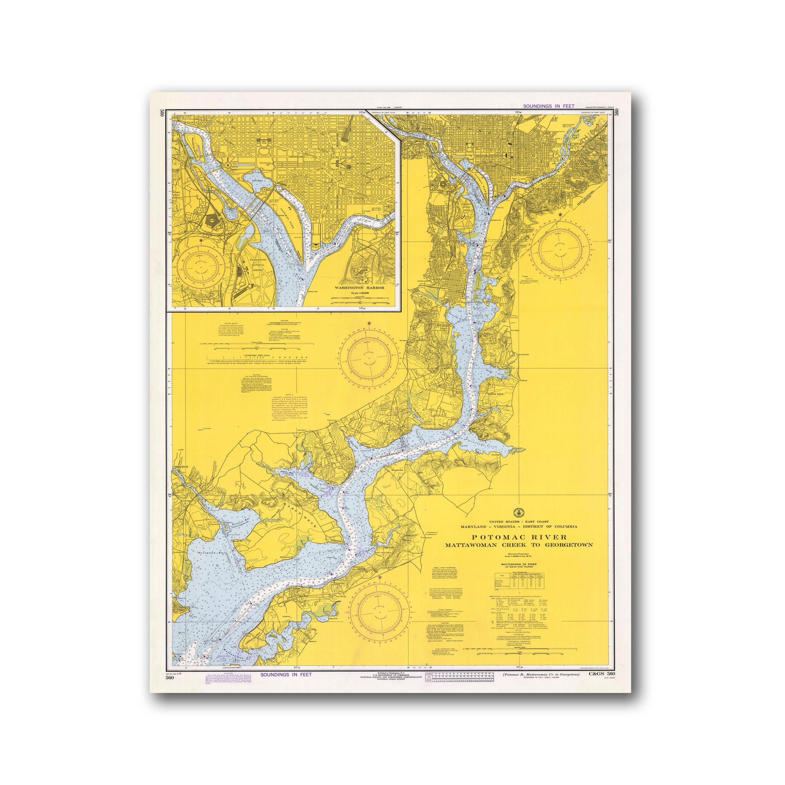 Potomac River Nautical Chart Map, Washington DC, Georgetown Map ...
