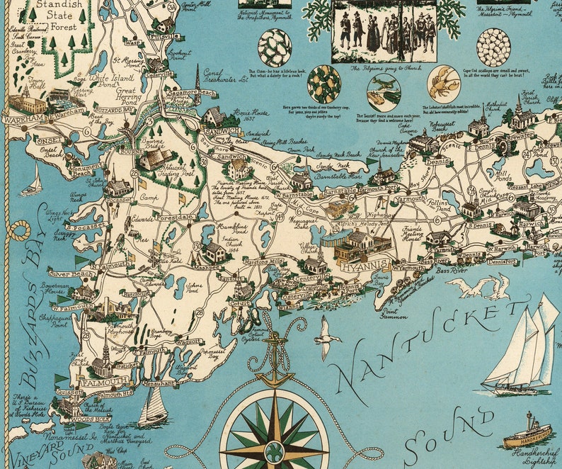 Old Map of Cape Cod, 1956 Antique Map of Cape Cod, Martha's Vineyard ...