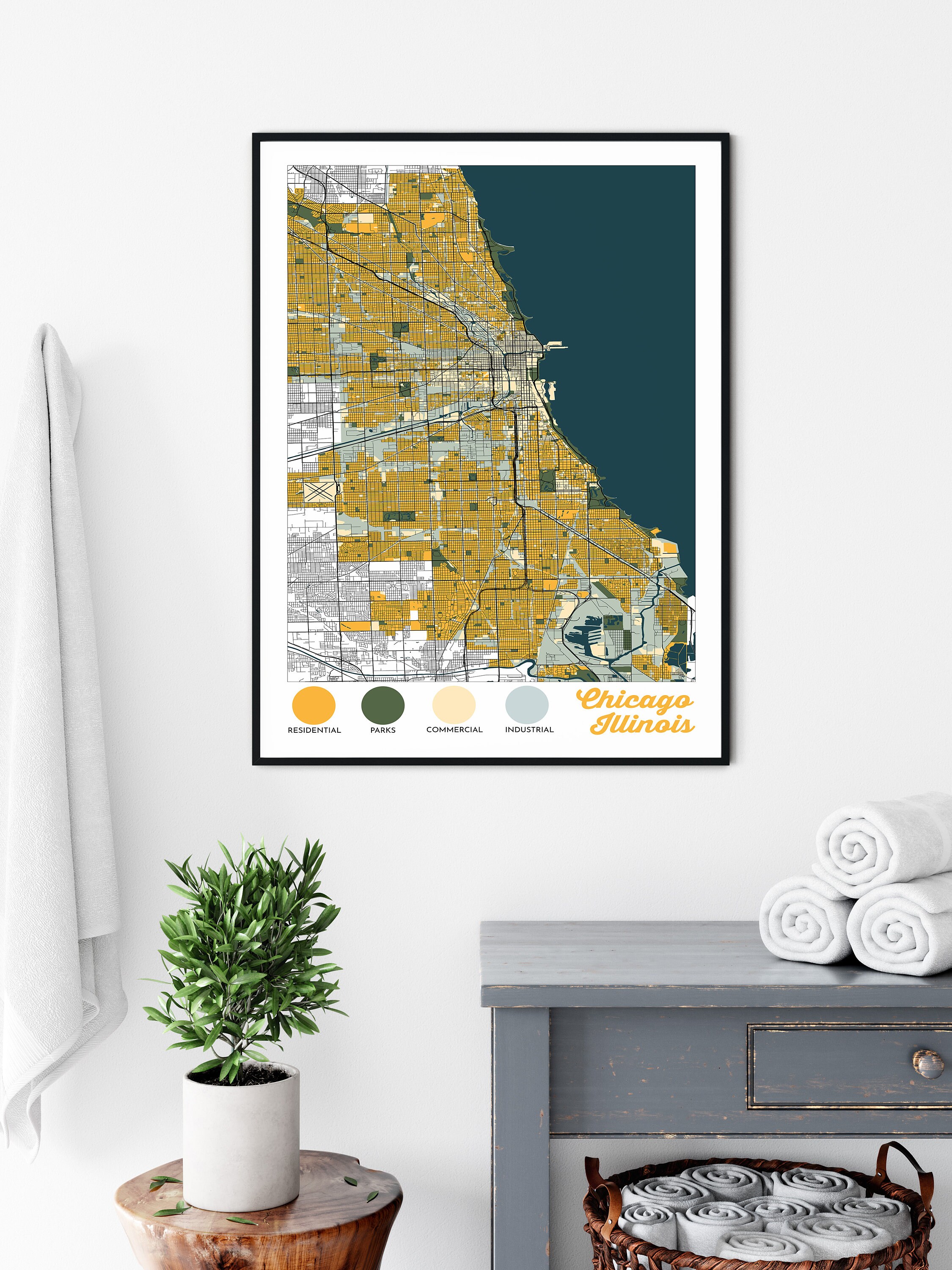Chicago Map, Chicago Street Map, Chicago Illinois Custom Map, Yellow ...