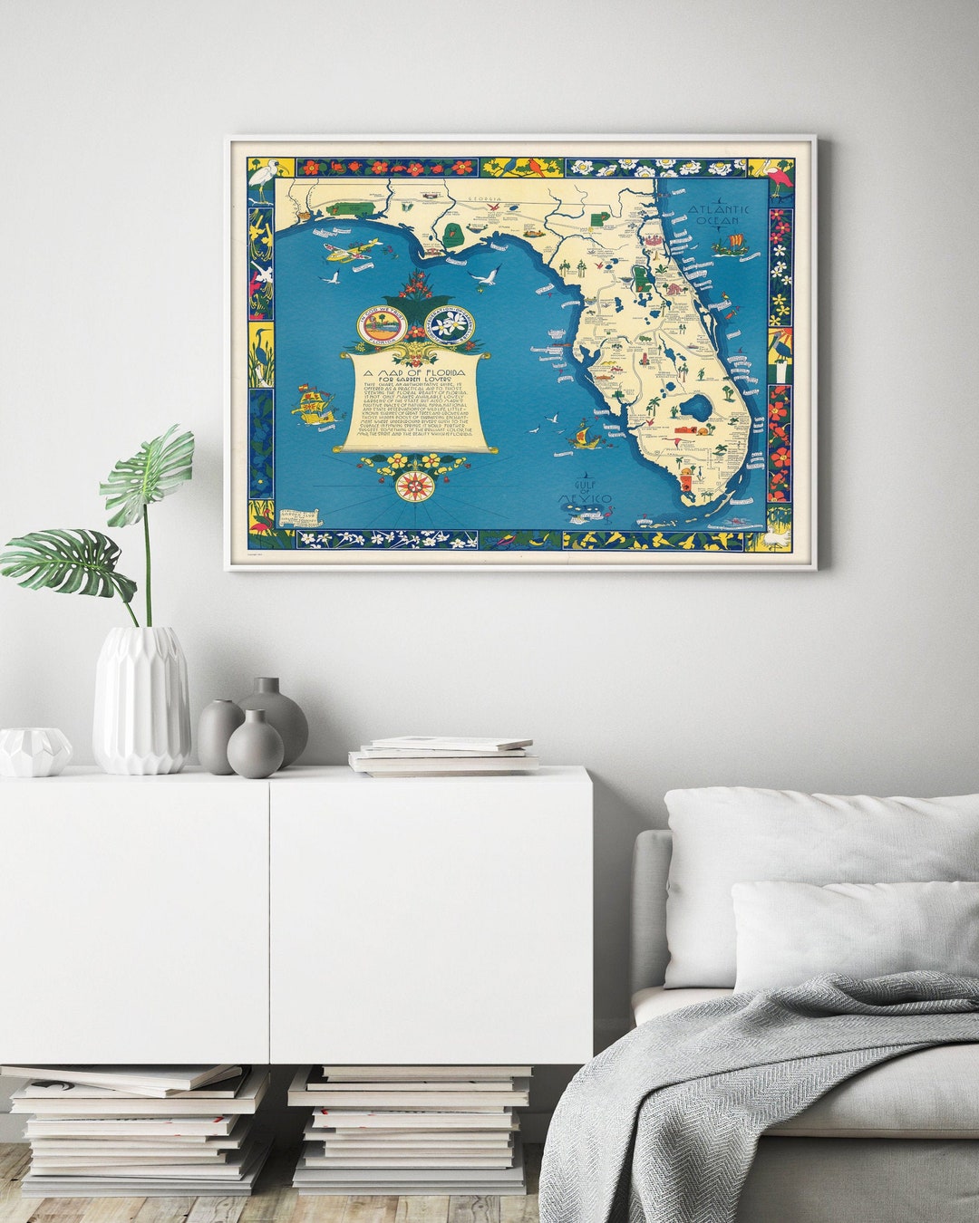 Vintage Florida Flower Map Showing Plants and Bird Species Indigenous ...