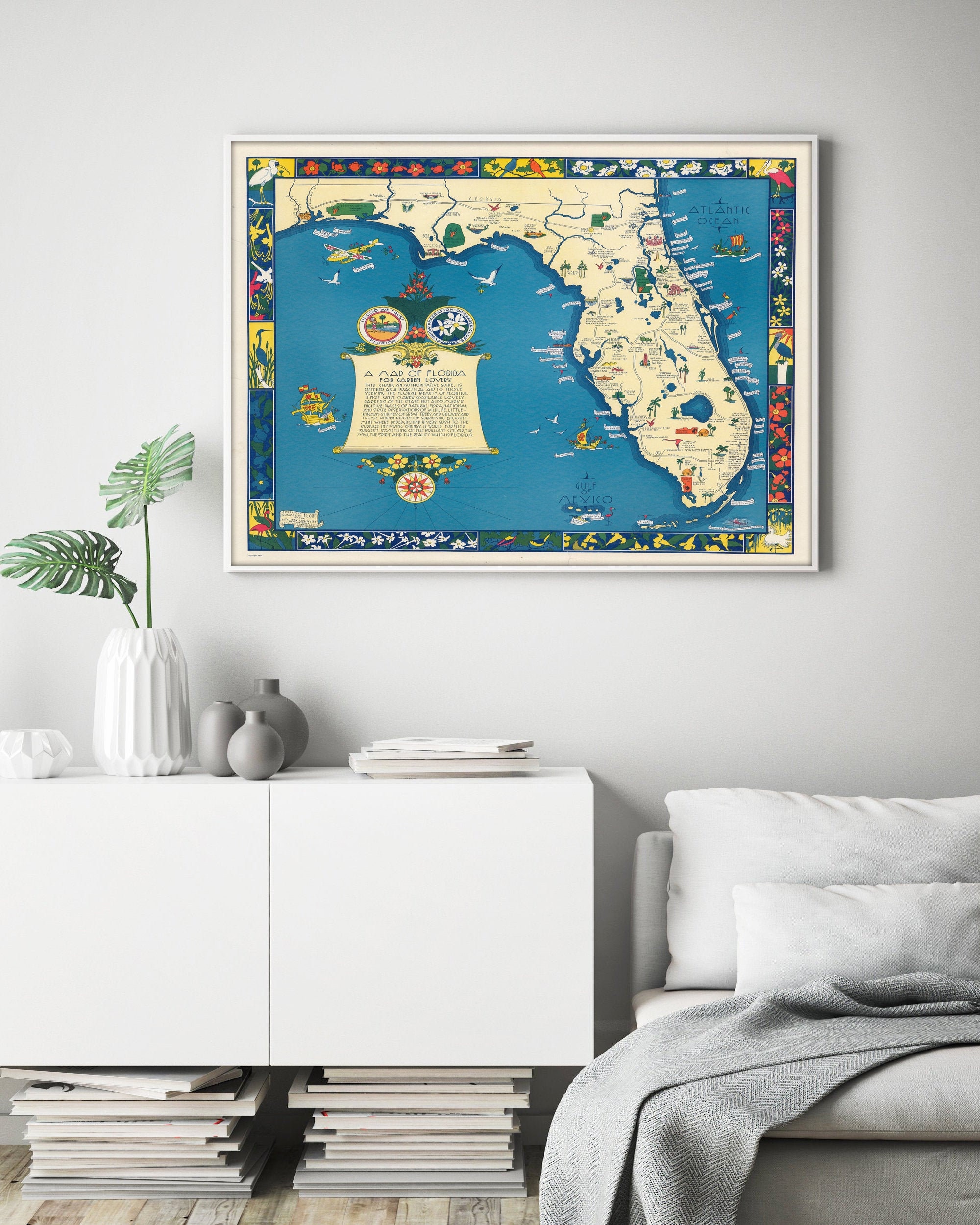 Vintage Florida Flower Map Showing Plants and Bird Species | Etsy